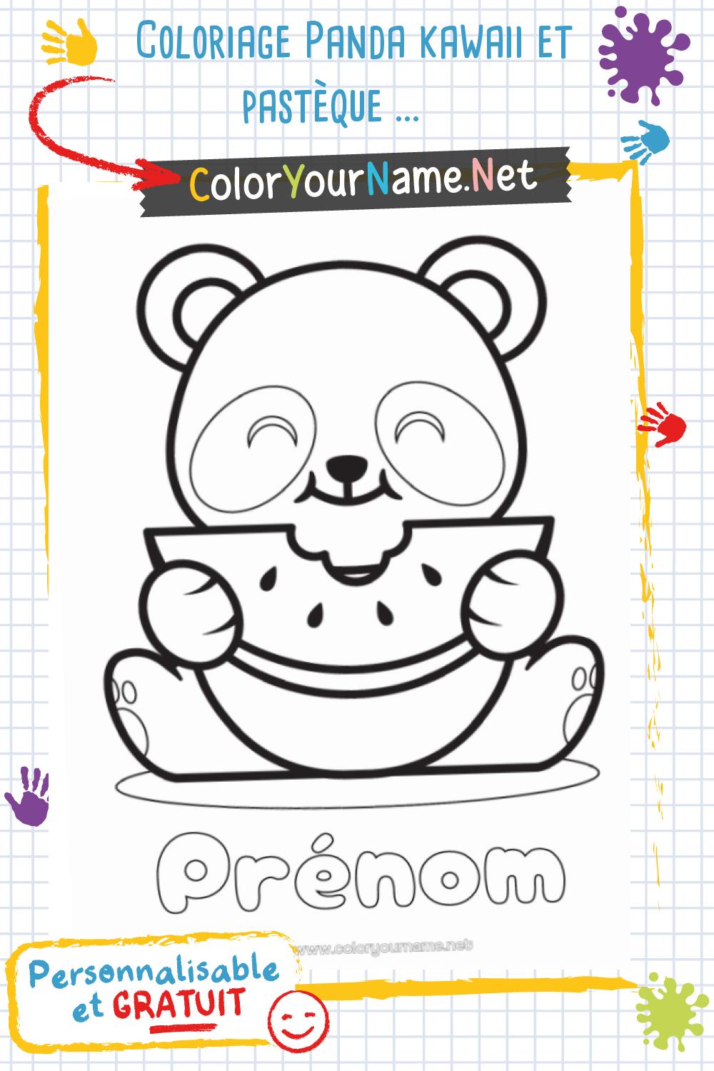 Coloriage Panda kawaii et pastèque – Personnalisable