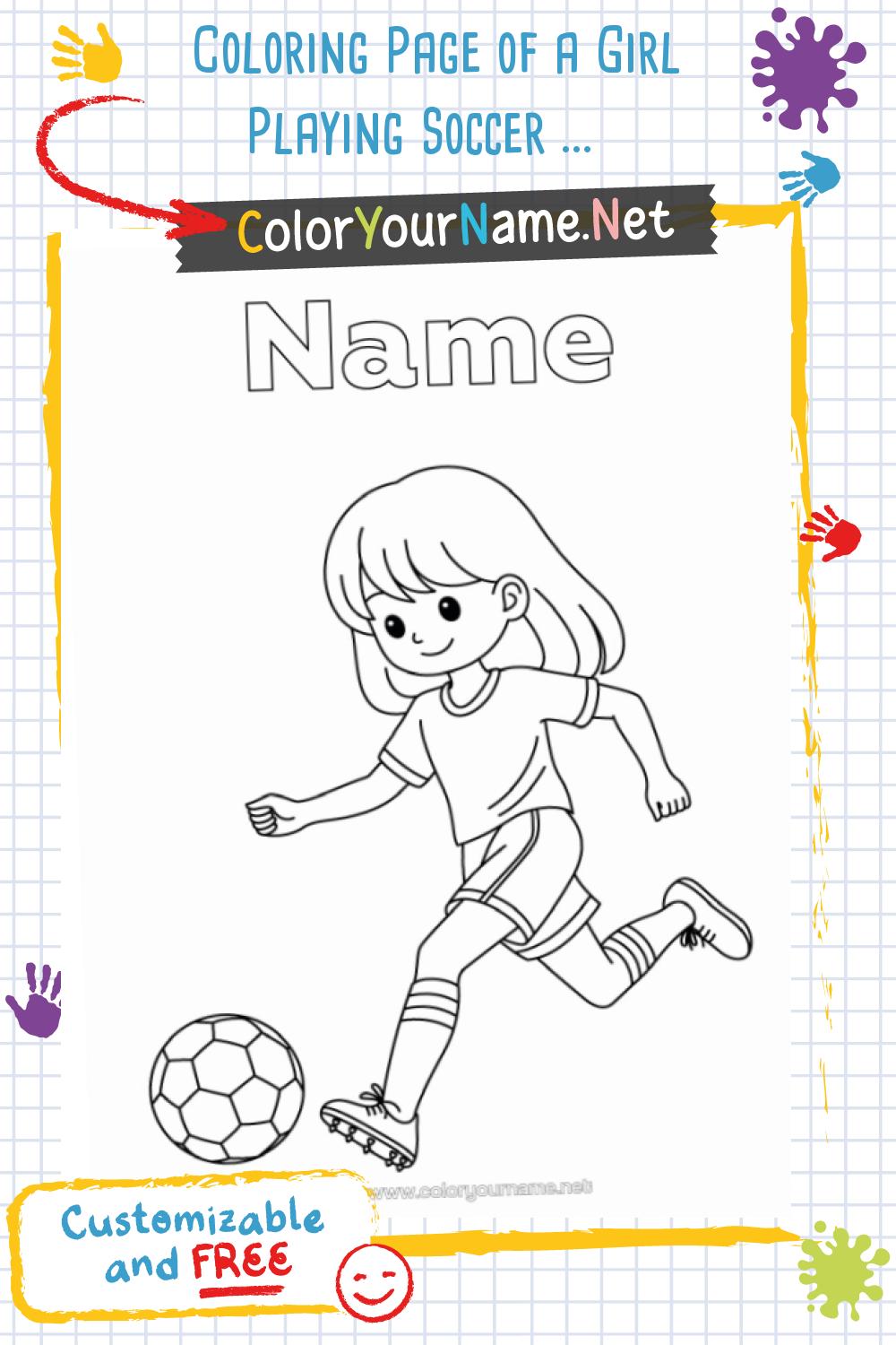 Coloring Page of a Girl Playing Soccer – Customize with Name