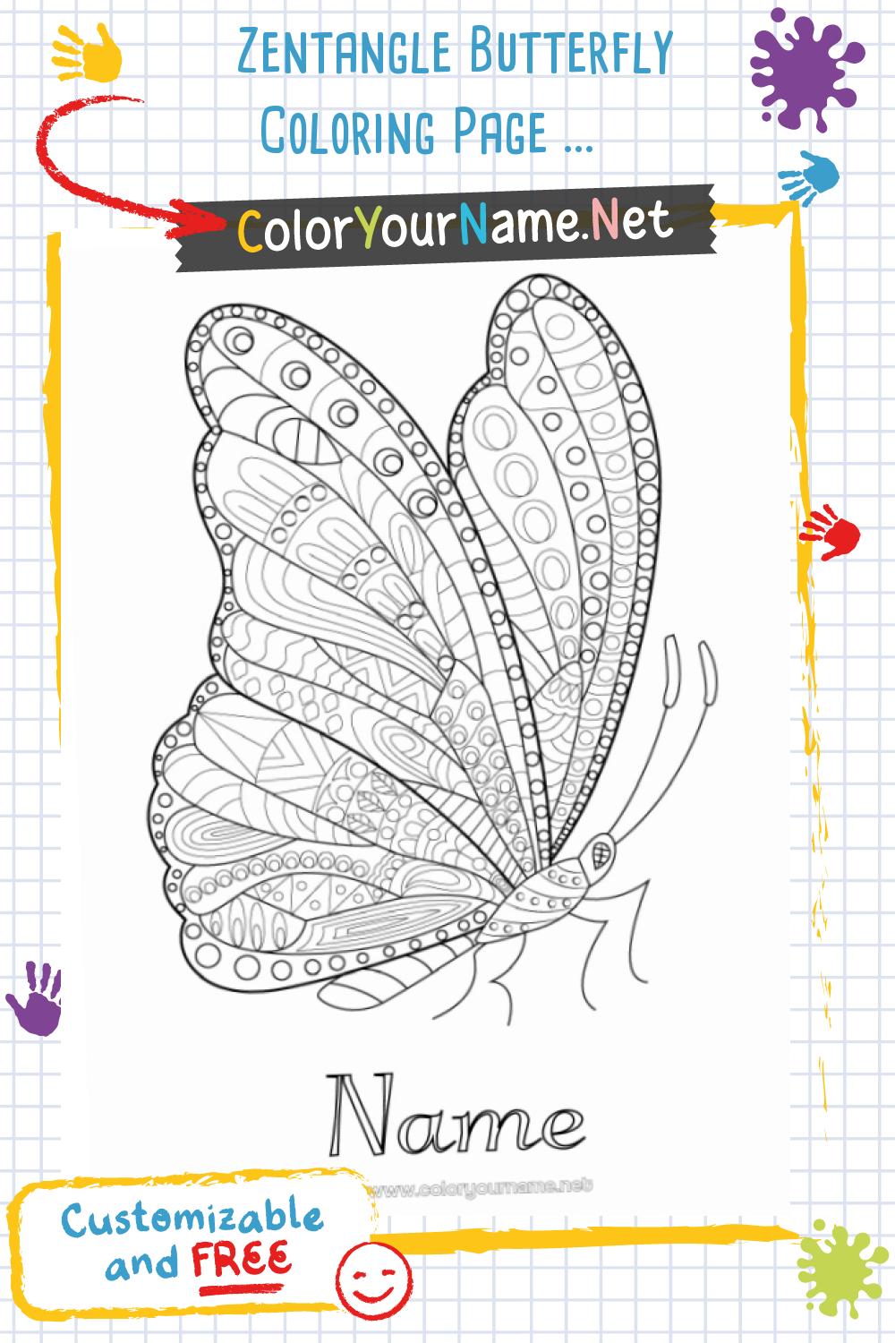 Zentangle Butterfly Coloring Page – Customizable with Name