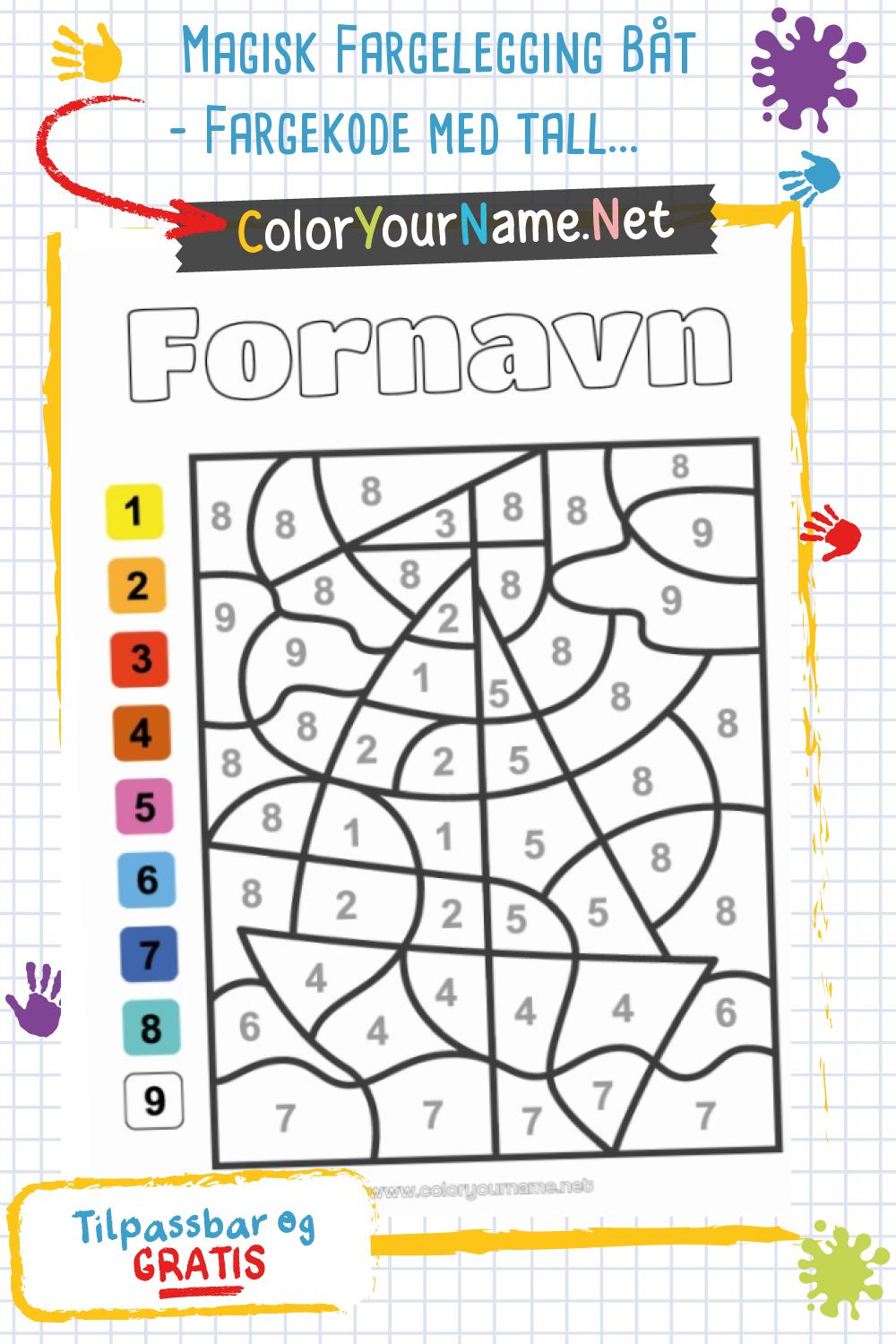 Magisk Fargelegging Båt – Fargekode med tall og tilpassbart navn