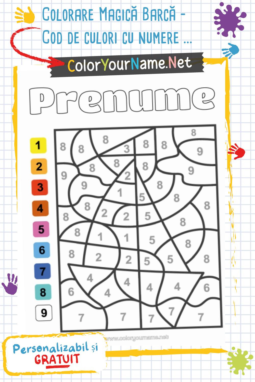 Colorare Magică Barcă – Cod de culori cu numere și nume personalizabil