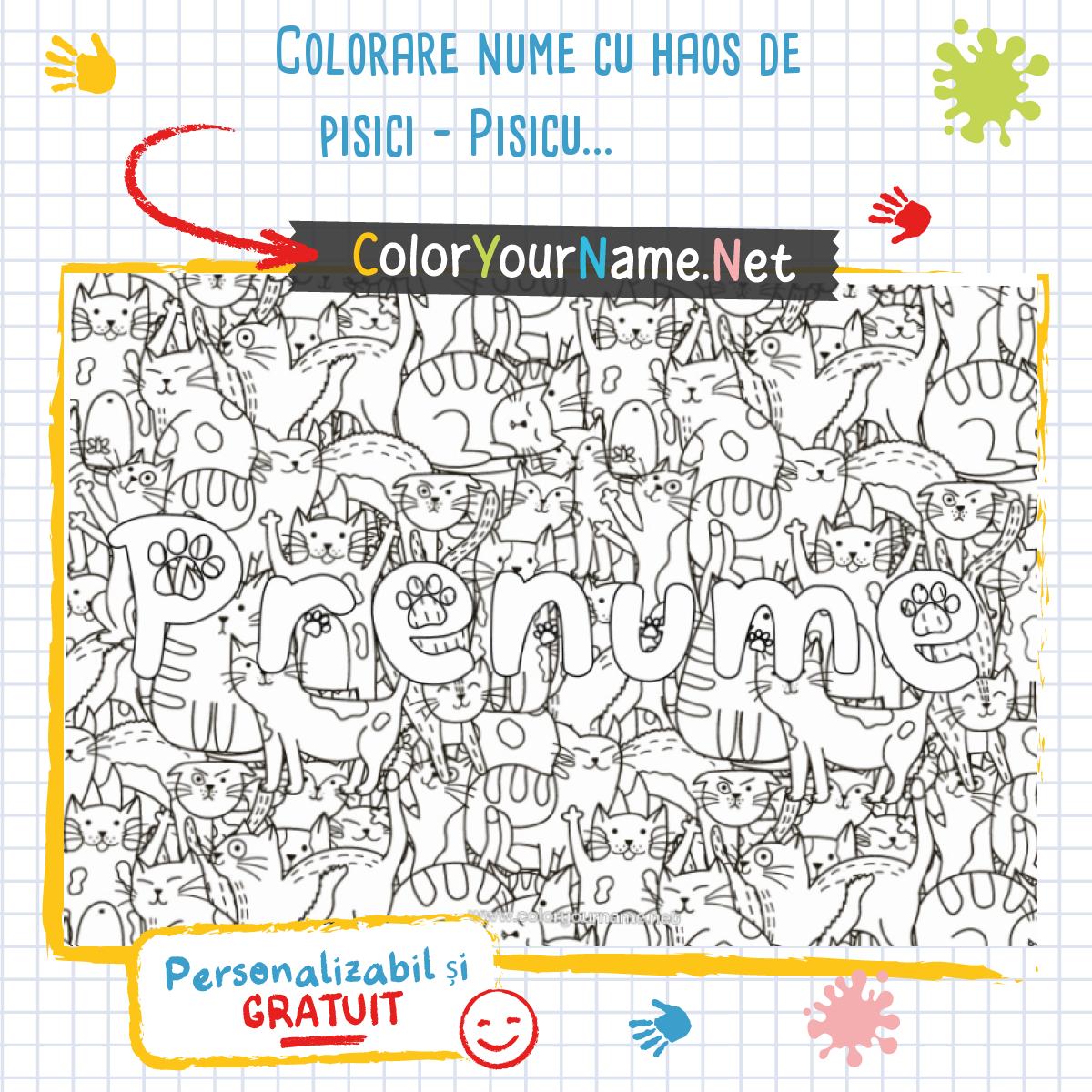 Colorare nume cu haos de pisici – Pisicuțe amuzante și fundal doodle de ...