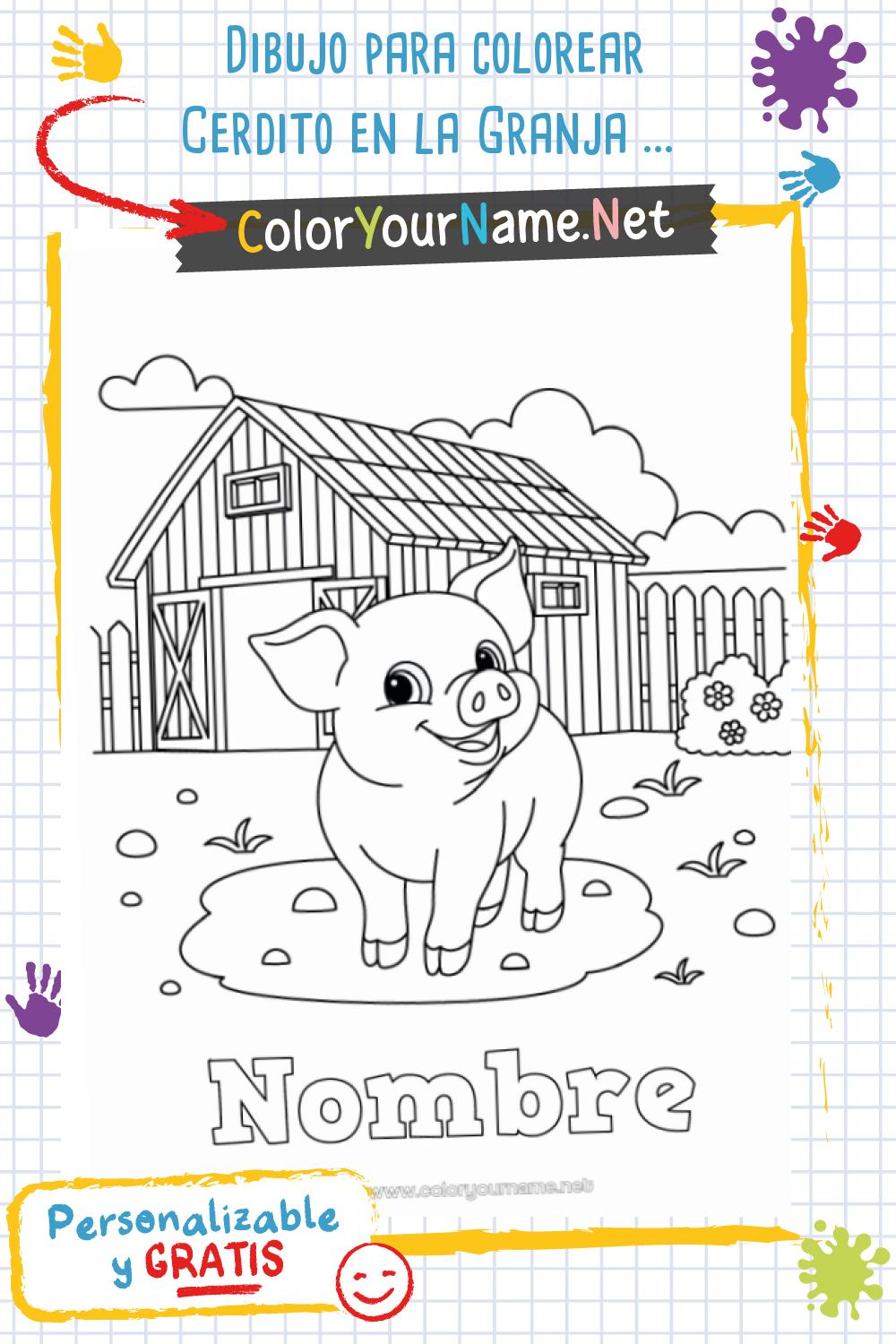 Dibujo para colorear Cerdito en la Granja – Personalizable con nombre