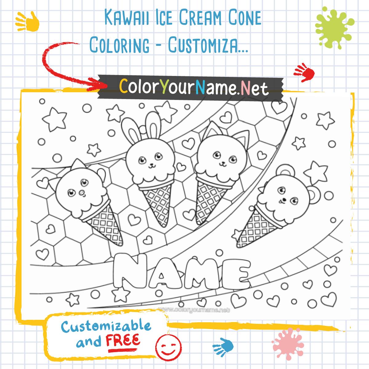 Kawaii Ice Cream Cone Coloring – Customizable Animals