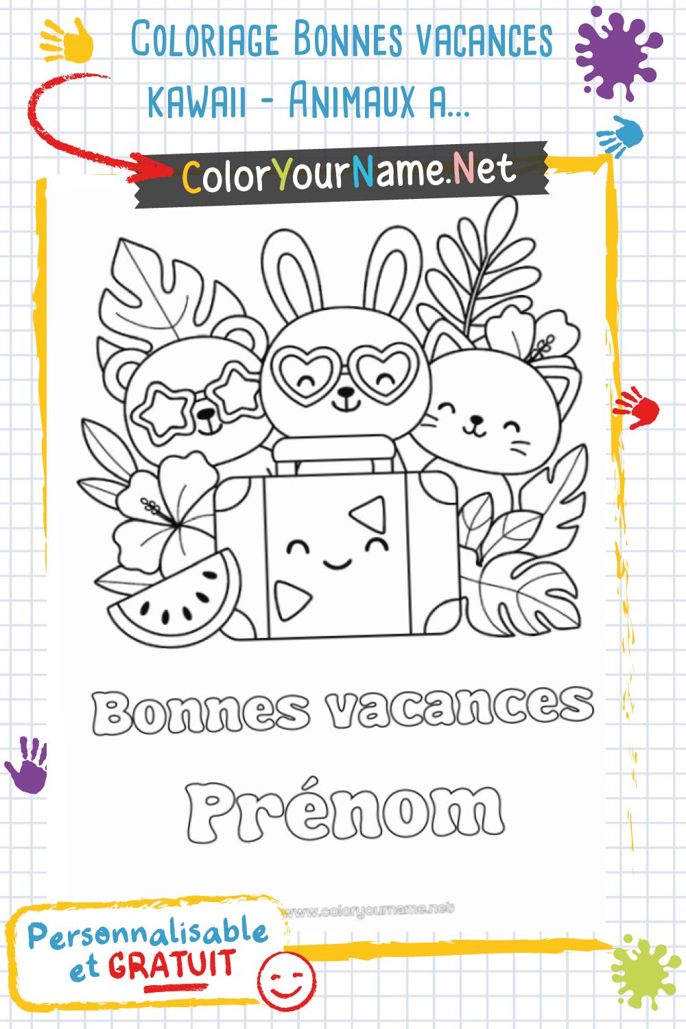 Coloriage Bonnes vacances kawaii – Animaux avec valise et feuillage ...