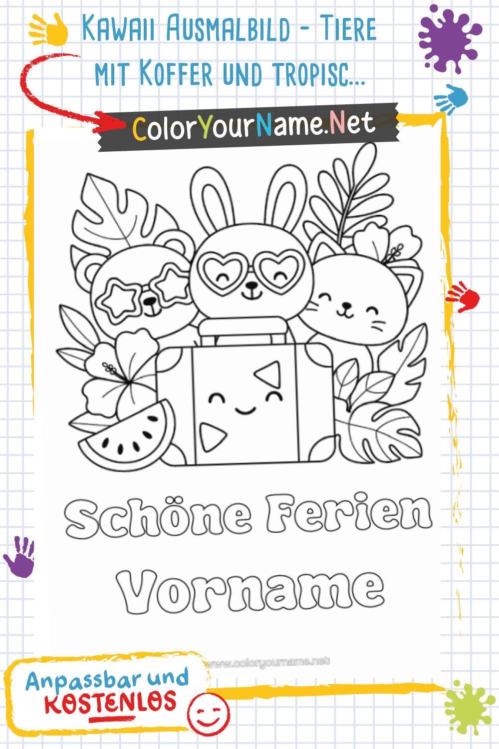 Kawaii Ausmalbild – Tiere mit Koffer und tropischem Laub für schöne Ferien