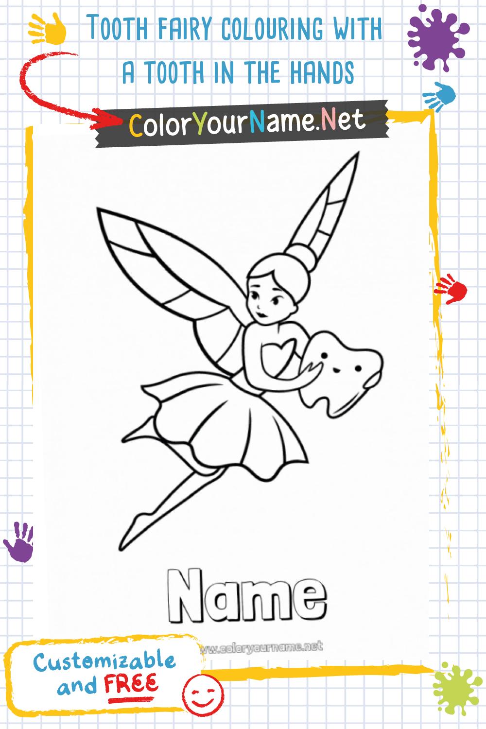 Tooth fairy colouring with a tooth in the hands