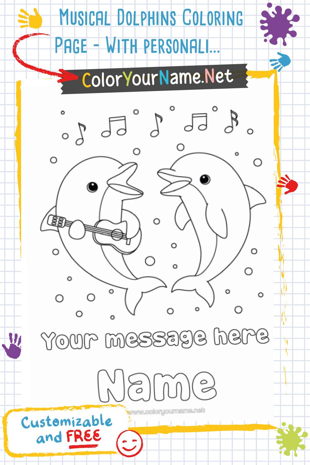 Musical Dolphins Coloring Page – With personalized message and name