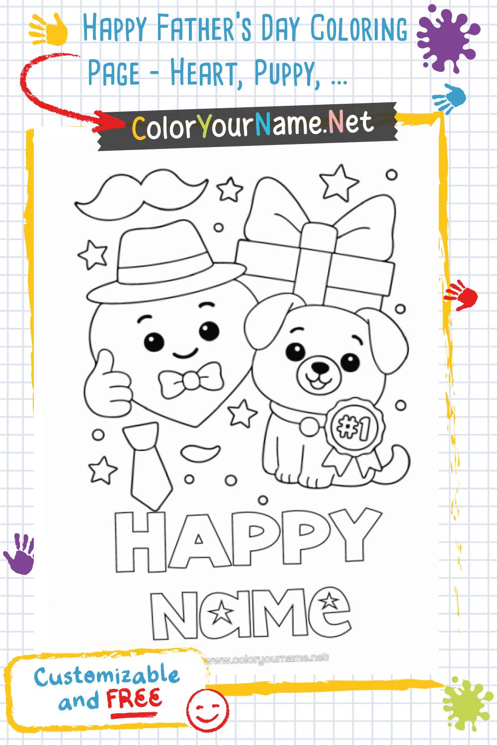 Happy Father's Day Coloring Page – Heart, Puppy, and Customizable Gift