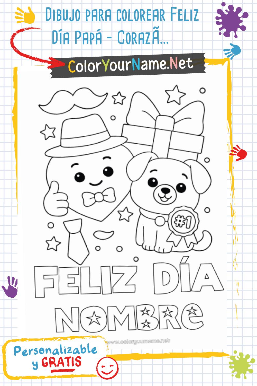Dibujo para colorear Feliz Día Papá – Corazón, cachorro y regalo para ...