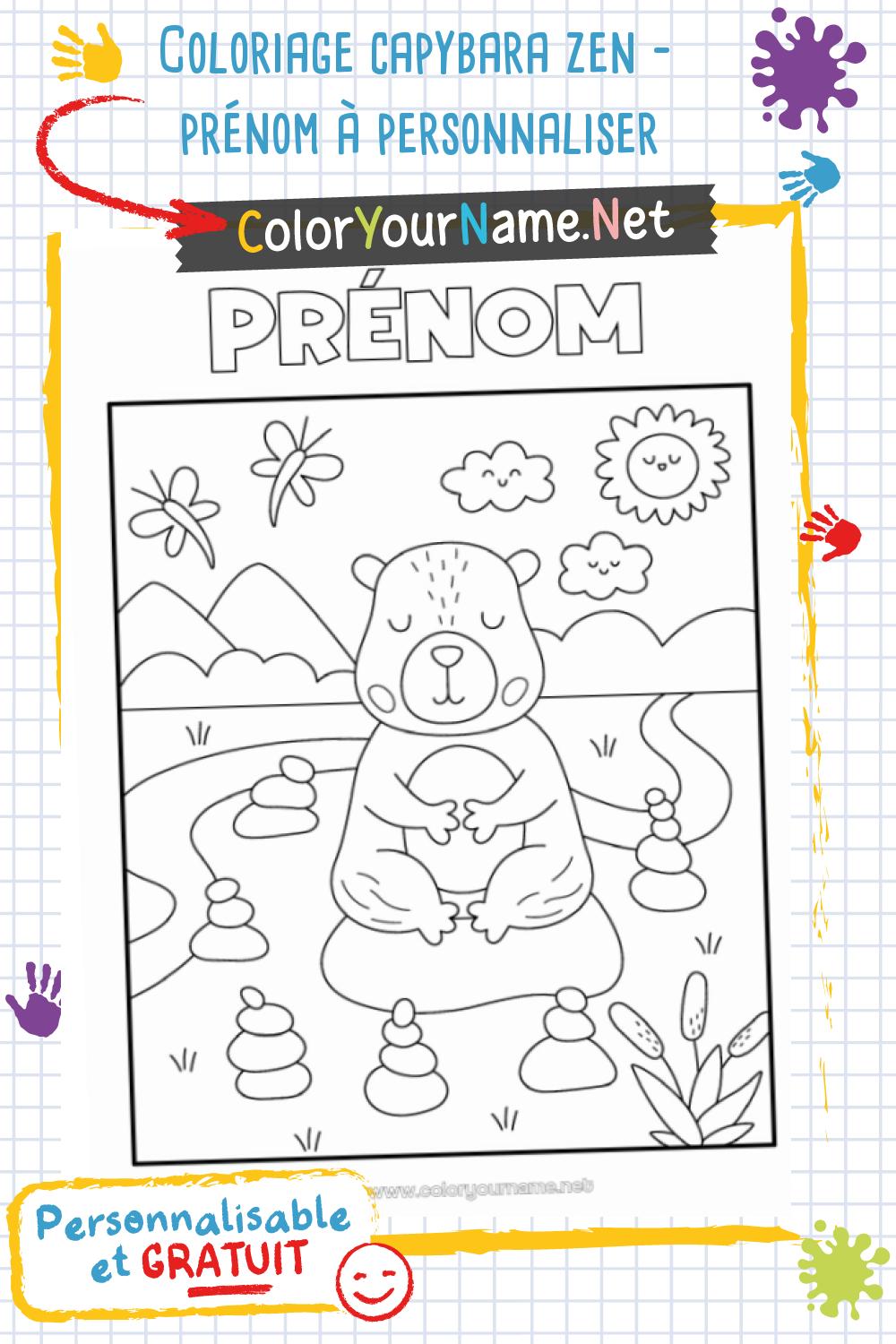 Coloriage capybara zen – prénom à personnaliser