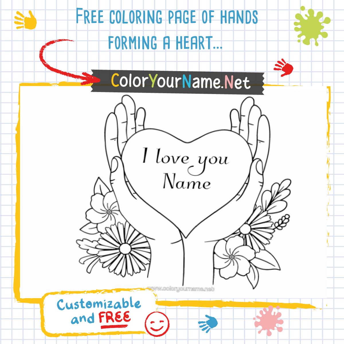 Free coloring page of hands forming a heart to customize.