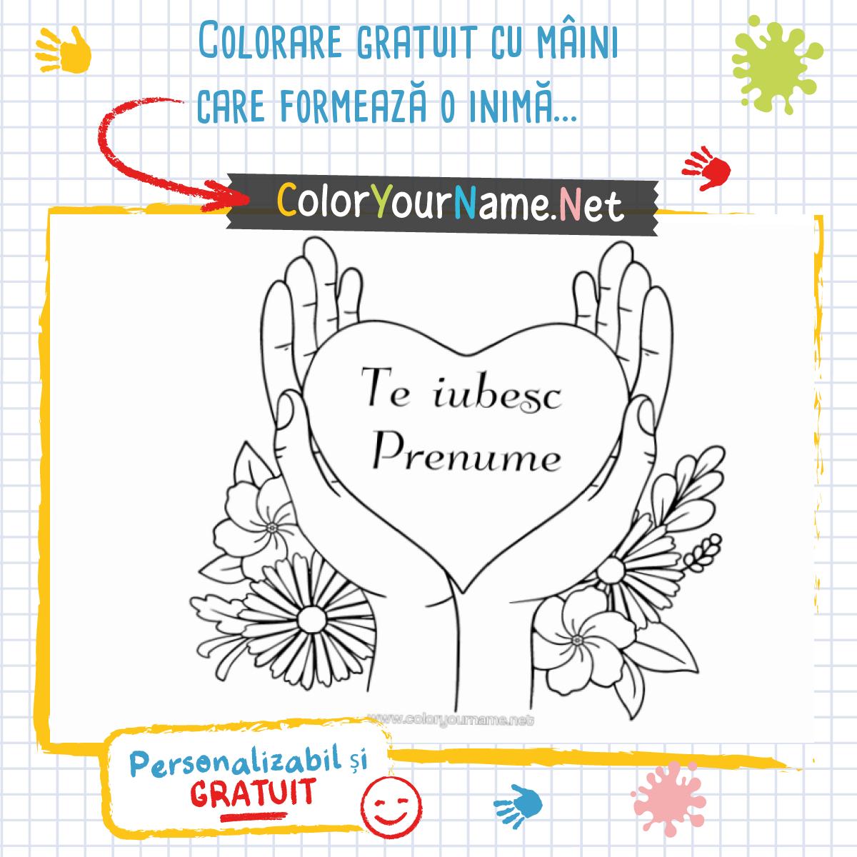 Colorare gratuit cu mâini care formează o inimă de personalizat.
