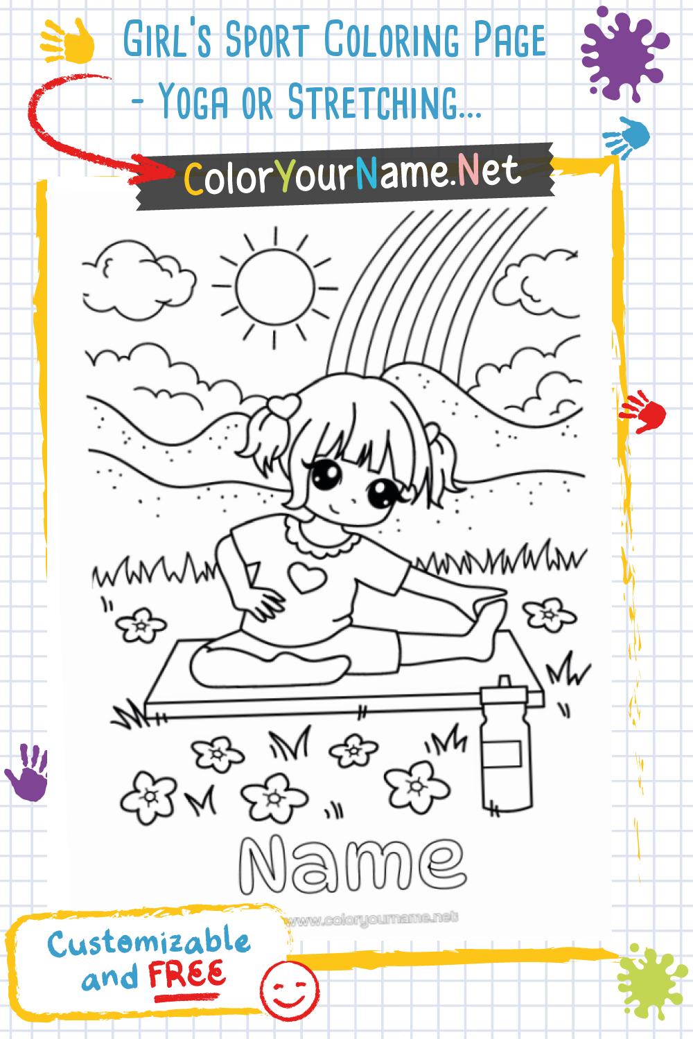 Girl's Sport Coloring Page – Yoga or Stretching to Print with Name