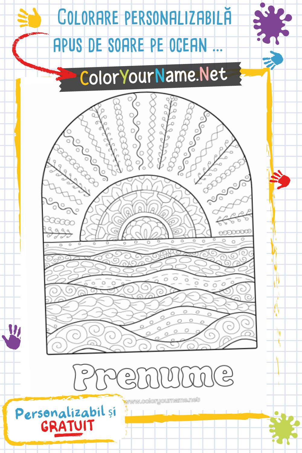 Colorare personalizabilă apus de soare pe ocean – stil mandala
