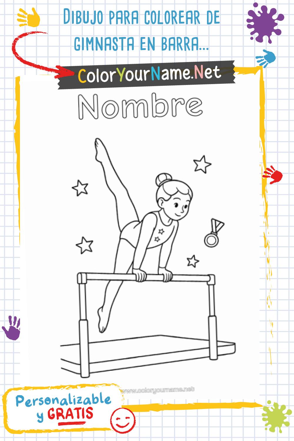 Dibujo para colorear de gimnasta en barras - personalizable con nombre