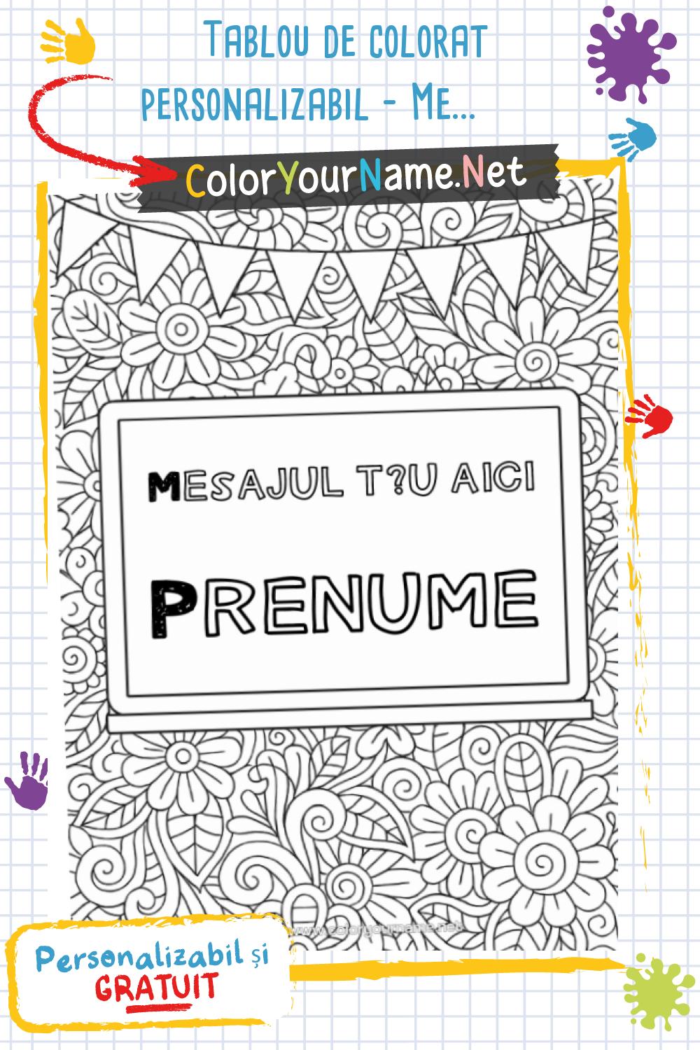 Tablou de colorat personalizabil – Mesaj și nume pe fundal floral în ...