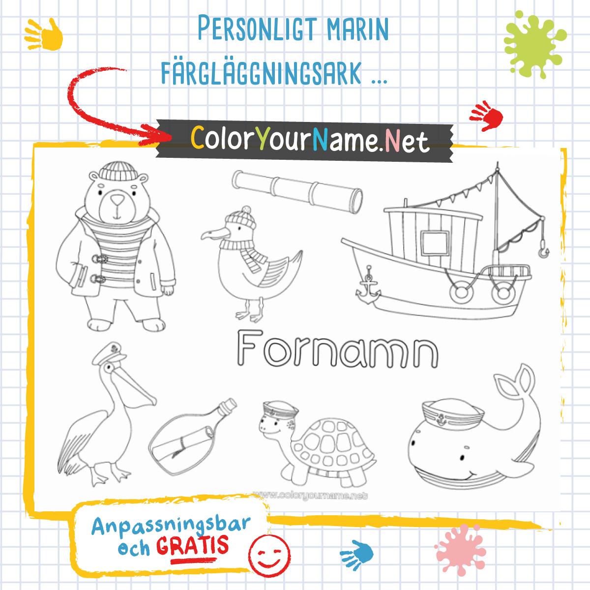 Personligt marin färgläggningsark med namn – Havsdjur och båt att skriva ut