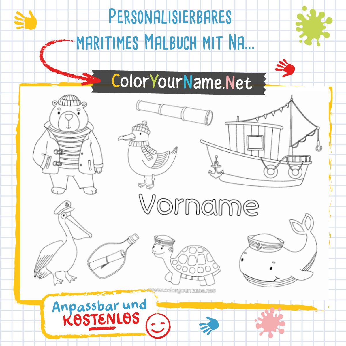 Personalisierbares maritimes Malbuch mit Namen – Meerestiere und Boot ...