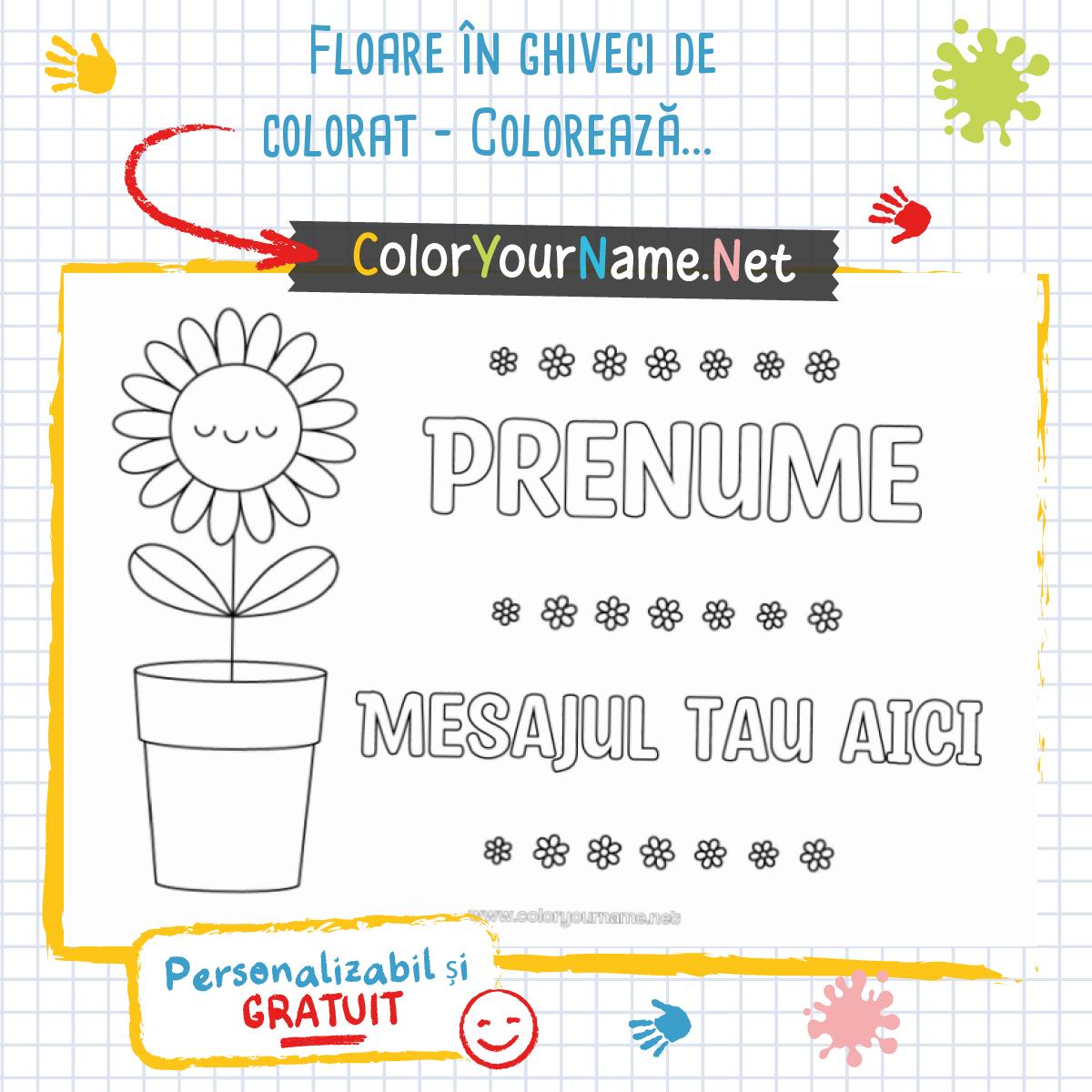 Floare în ghiveci de colorat – Colorează cu mesaje personalizabile