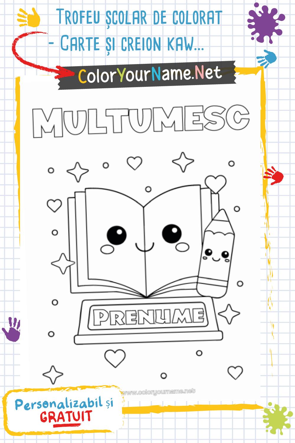 Trofeu școlar de colorat – Carte și creion kawaii cu nume personalizat