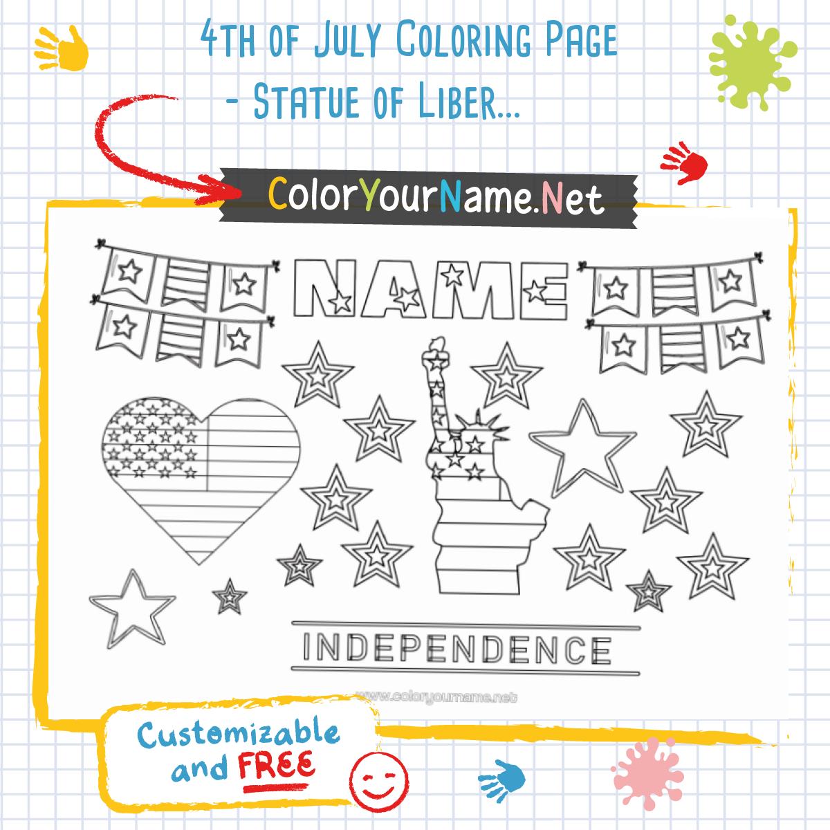 4th of July Coloring Page – Statue of Liberty, Stars, and Flag with ...