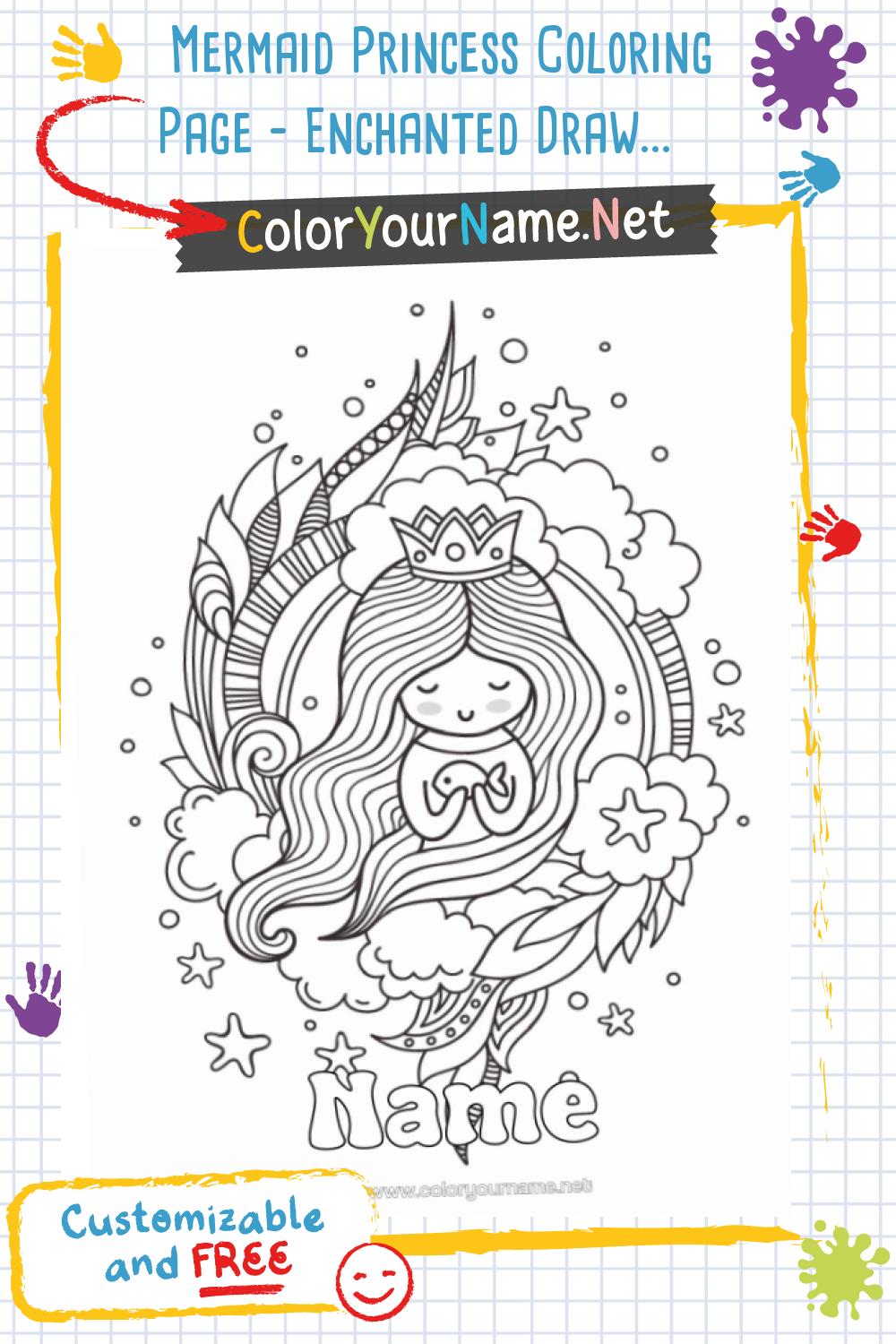 Mermaid Princess Coloring Page – Enchanted Drawing with Personalized Name