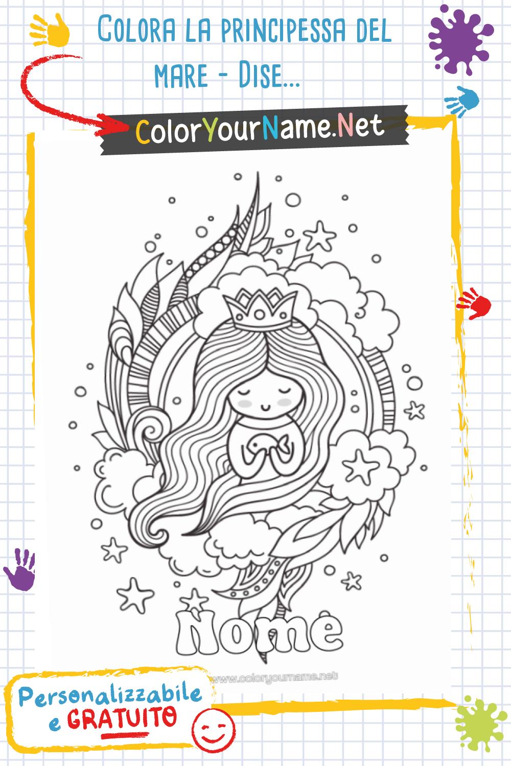 Colora la principessa del mare – Disegno incantevole con nome ...