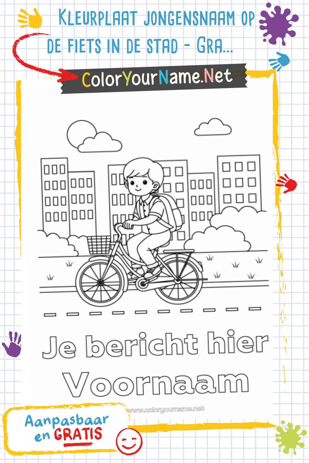 Kleurplaat jongensnaam op de fiets in de stad - Gratis en online aanpasbaar