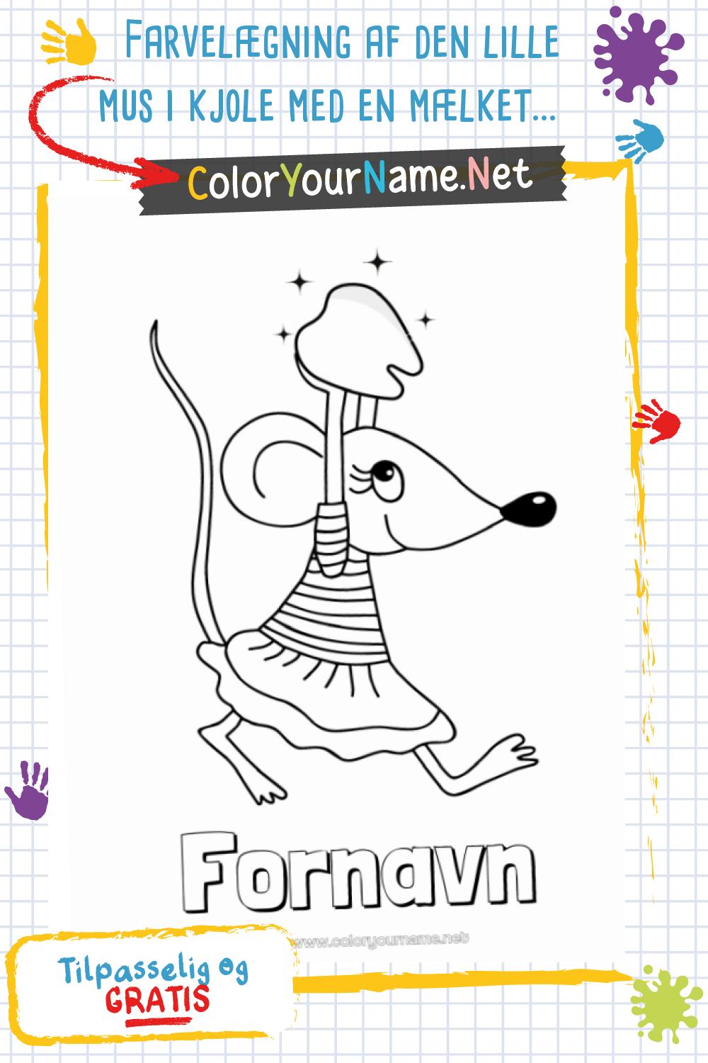 Farvelægning af den lille mus i kjole med en mælketand i poterne.