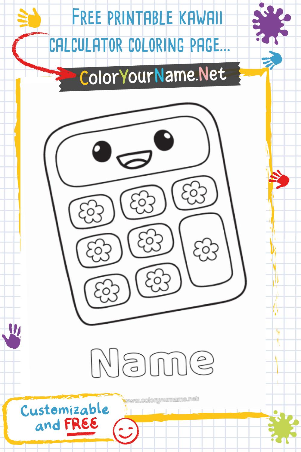 Free printable kawaii calculator coloring page to customize.