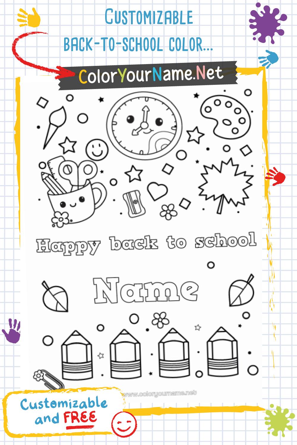 Customizable back-to-school coloring page to print with name or message.