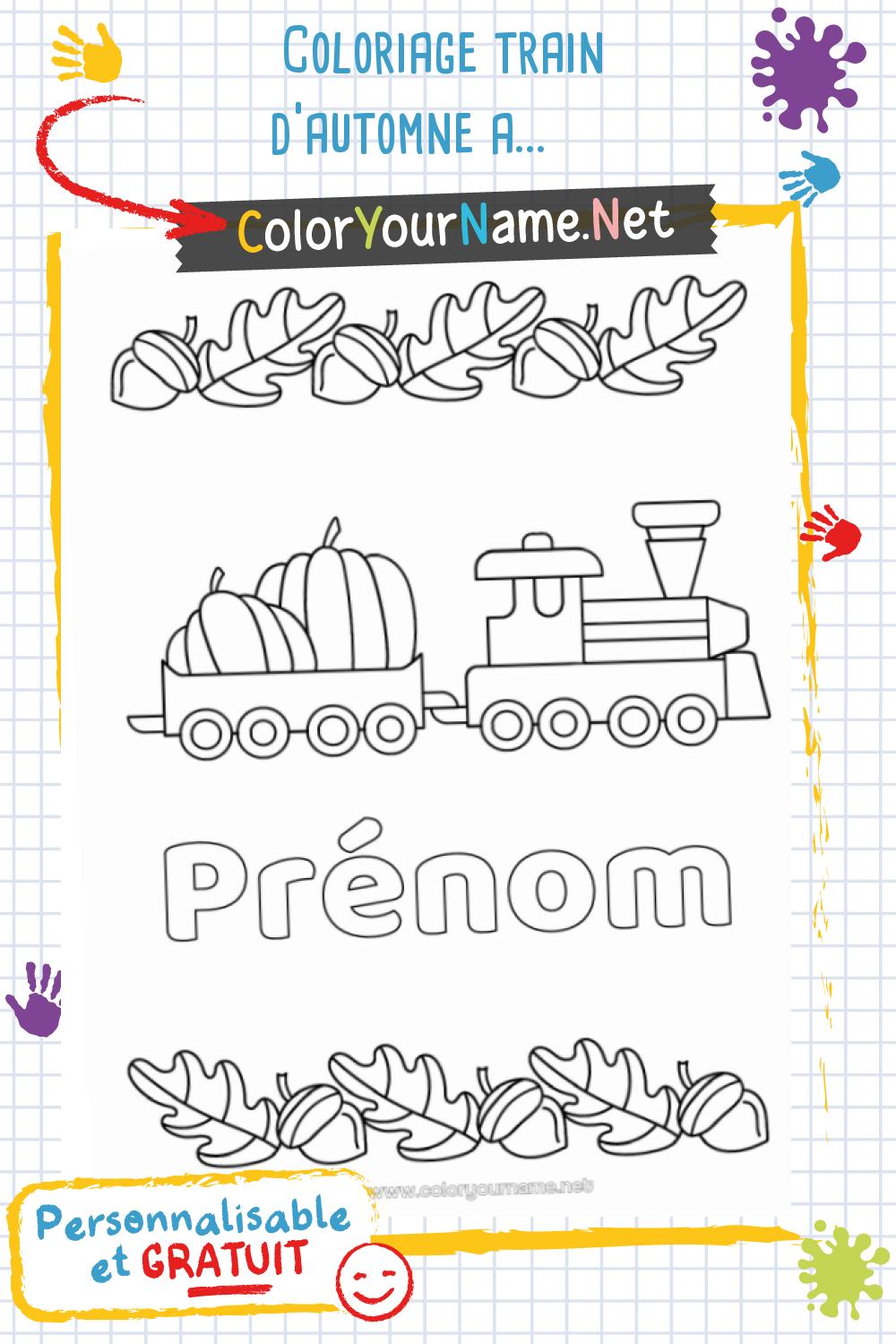 Coloriage train d’automne avec citrouilles à imprimer et prénom ...