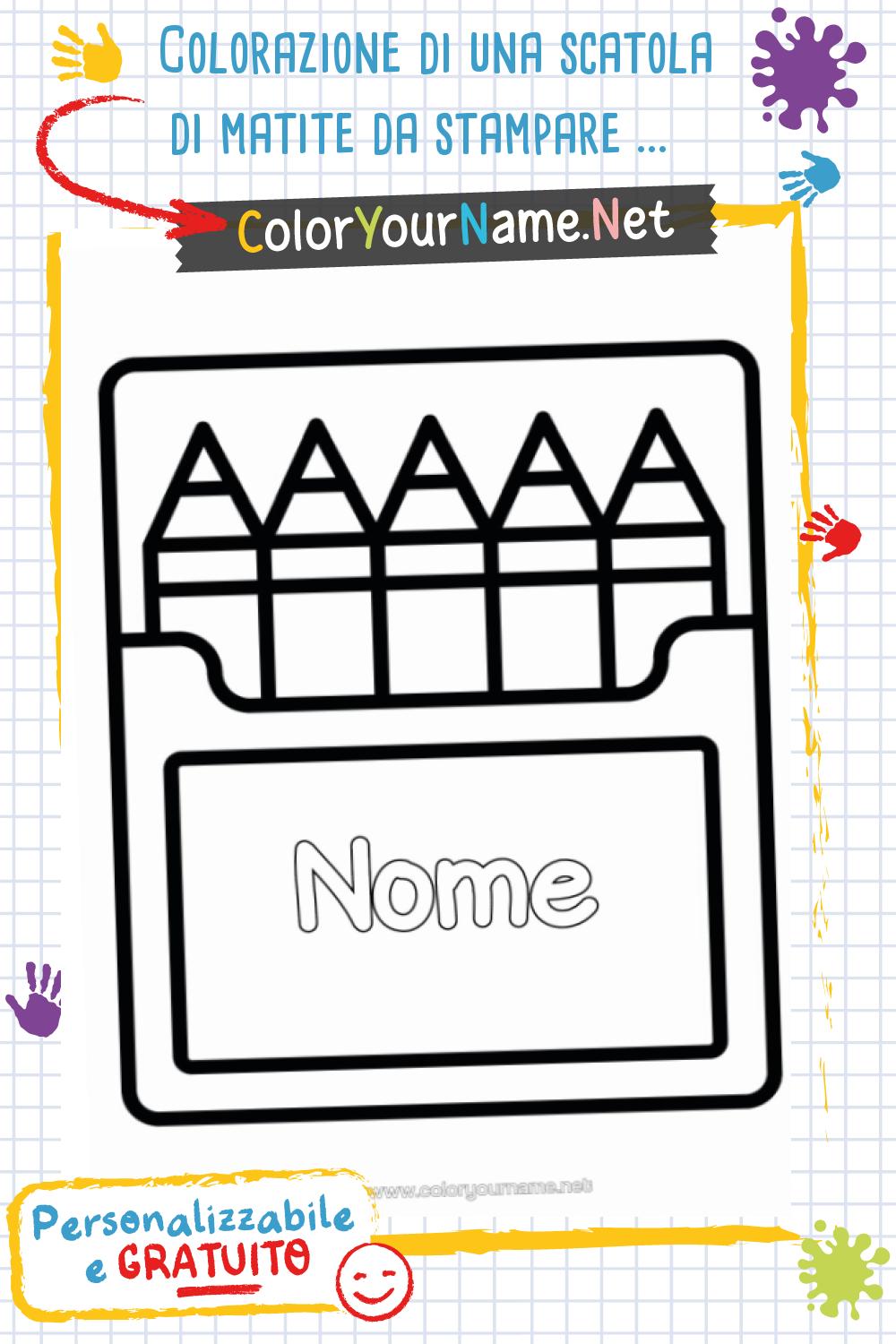 Colorazione di una scatola di matite da stampare con nome personalizzato.