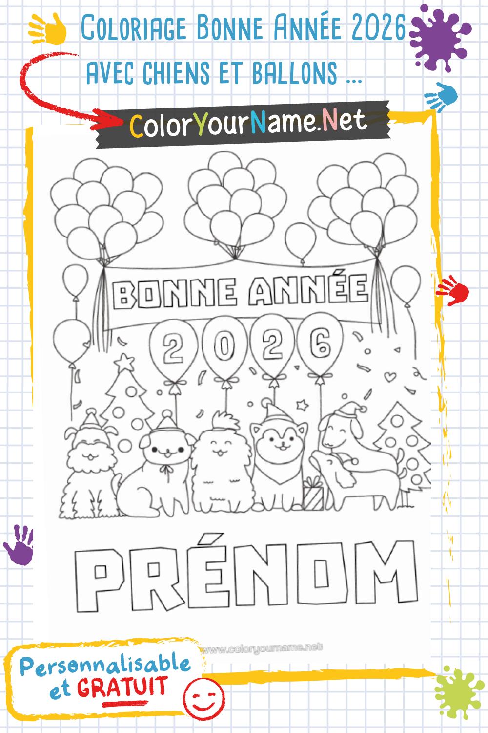 Coloriage Bonne Année 2026 avec chiens et ballons – Gratuit à imprimer