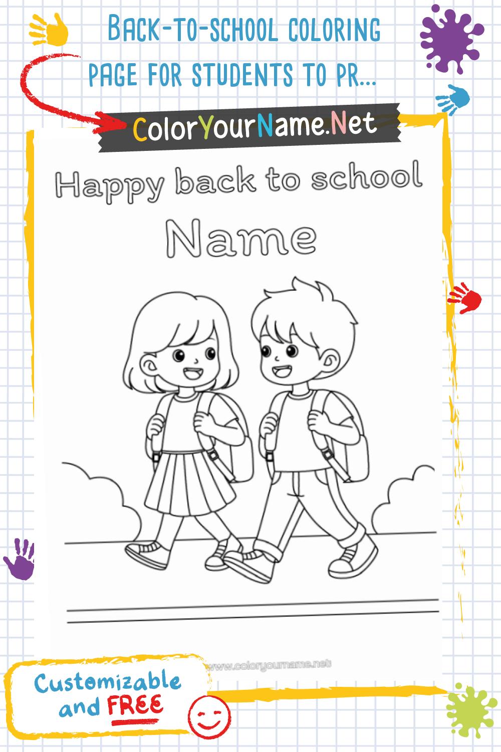 Back-to-school coloring page for students to print – two customizable texts