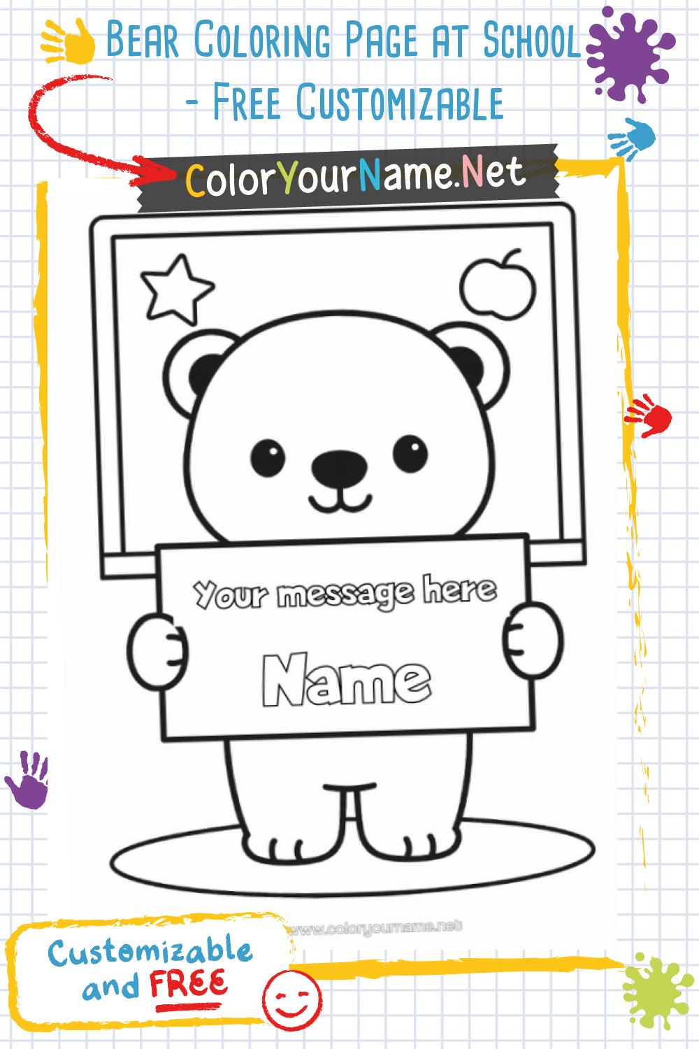Bear Coloring Page at School - Free Customizable