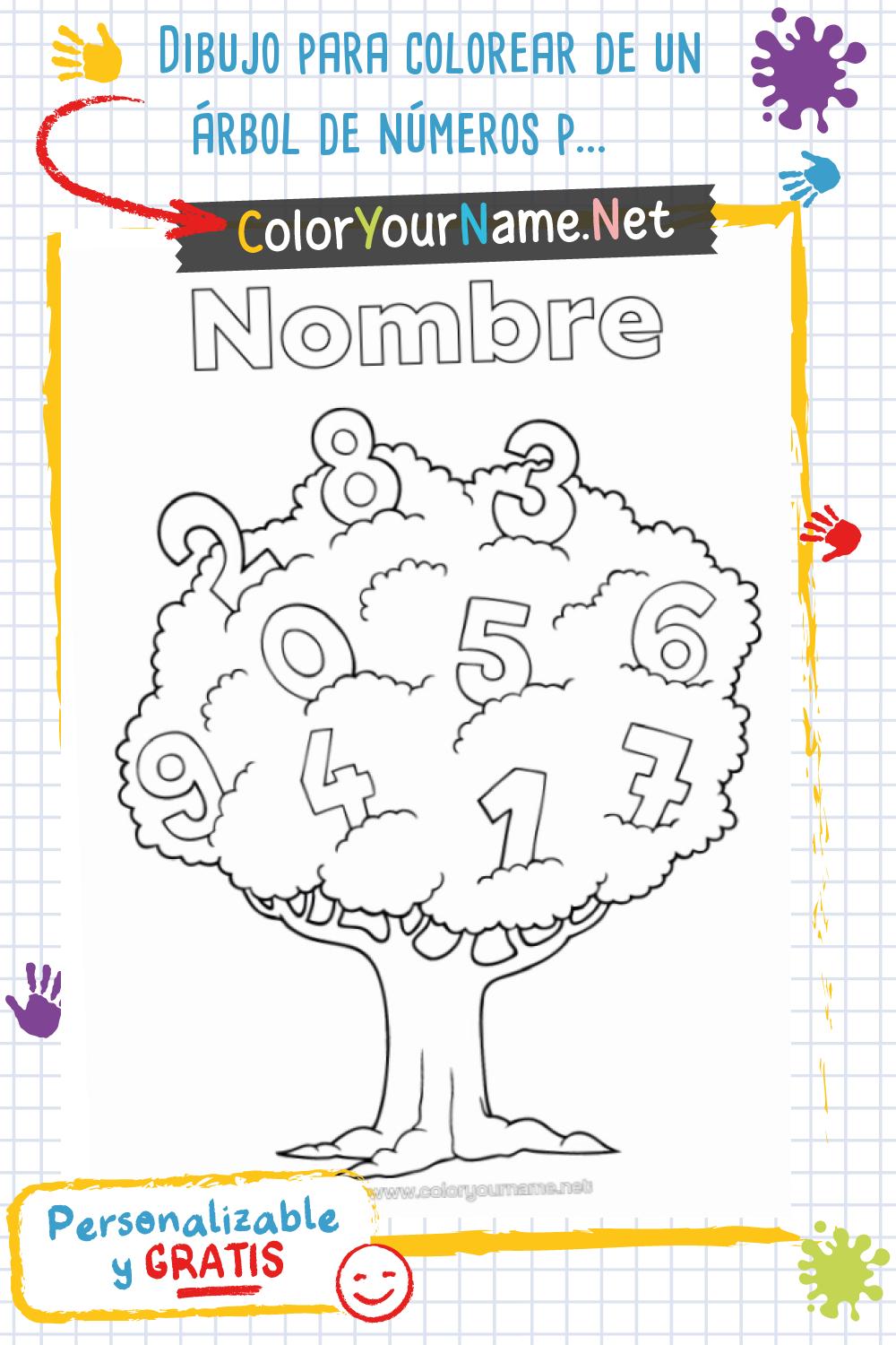 Dibujo para colorear de un árbol de números para imprimir con nombre ...