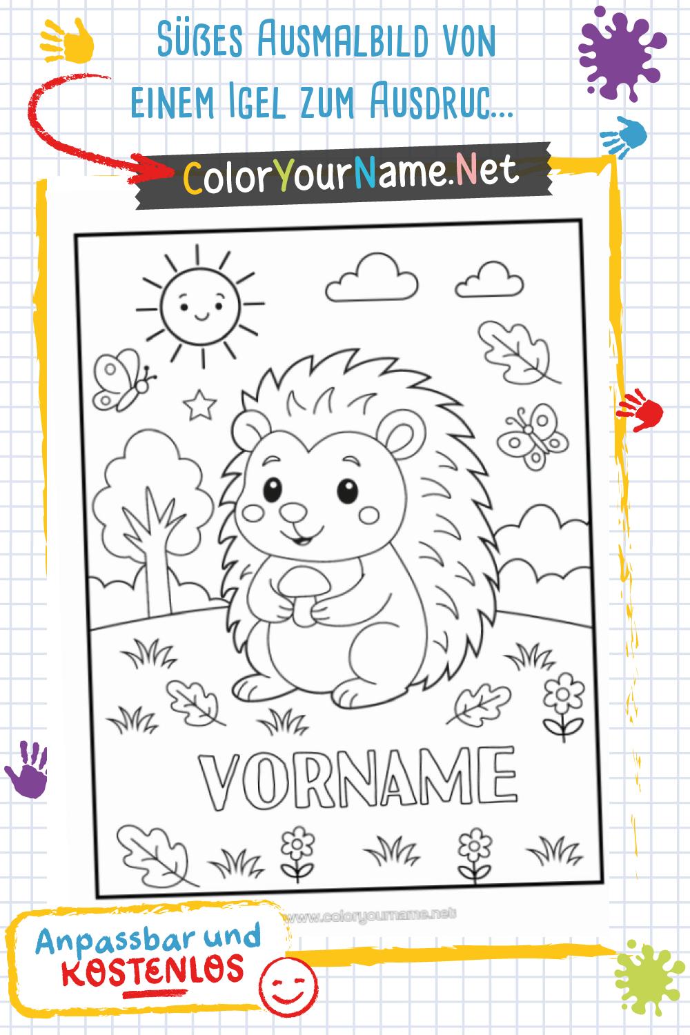 Süßes Ausmalbild von einem Igel zum Ausdrucken mit personalisiertem Namen