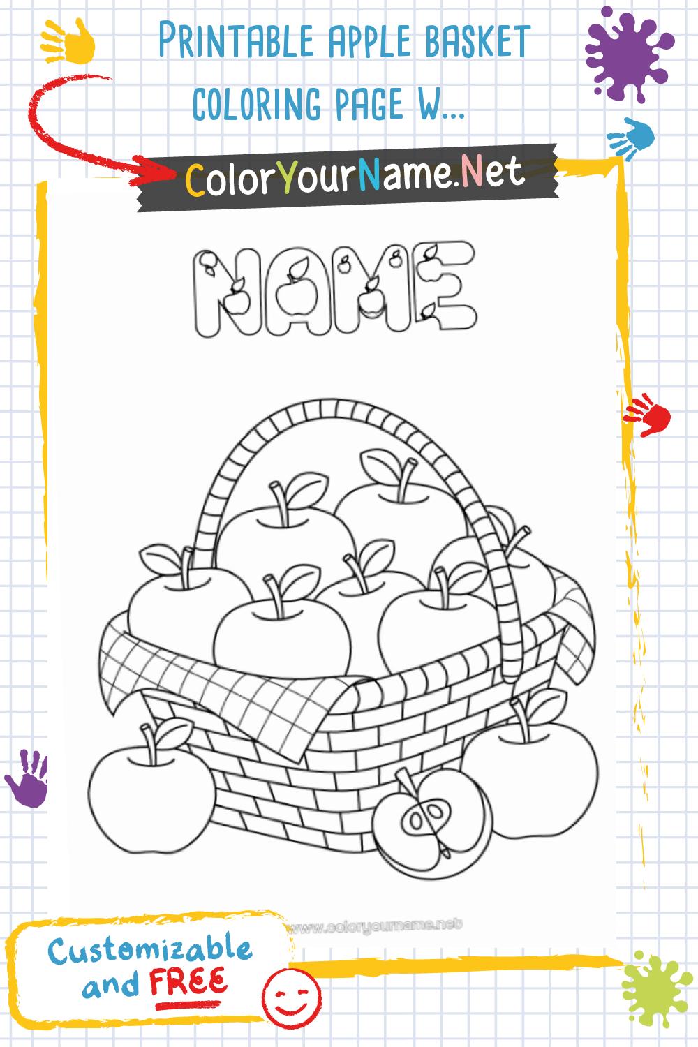 Printable apple basket coloring page with personalized name.