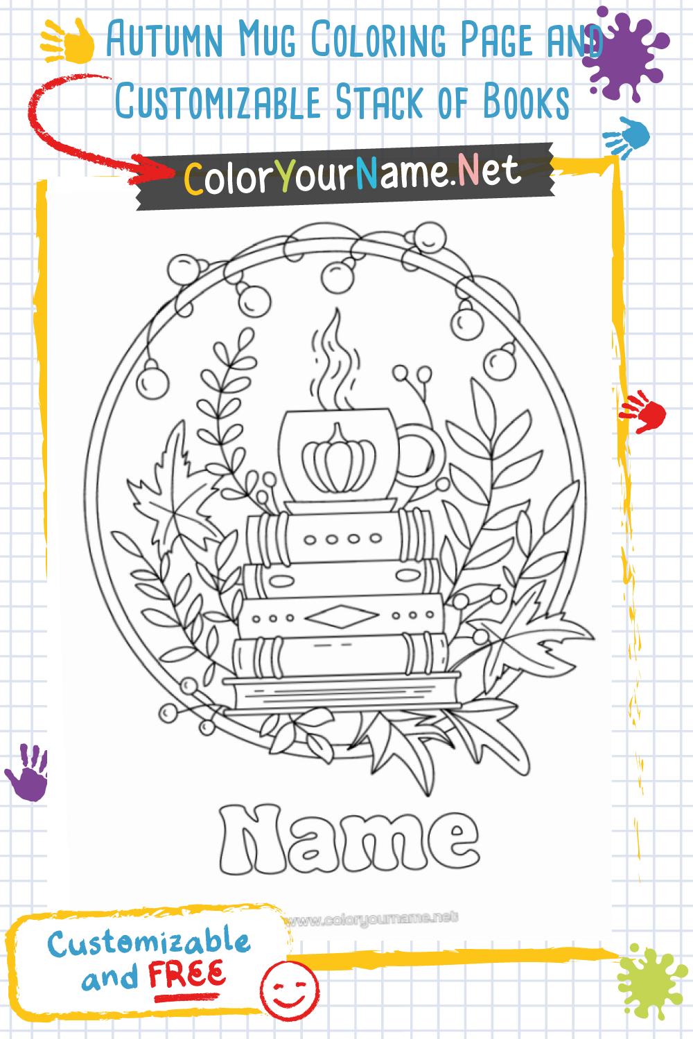 Autumn Mug Coloring Page and Customizable Stack of Books