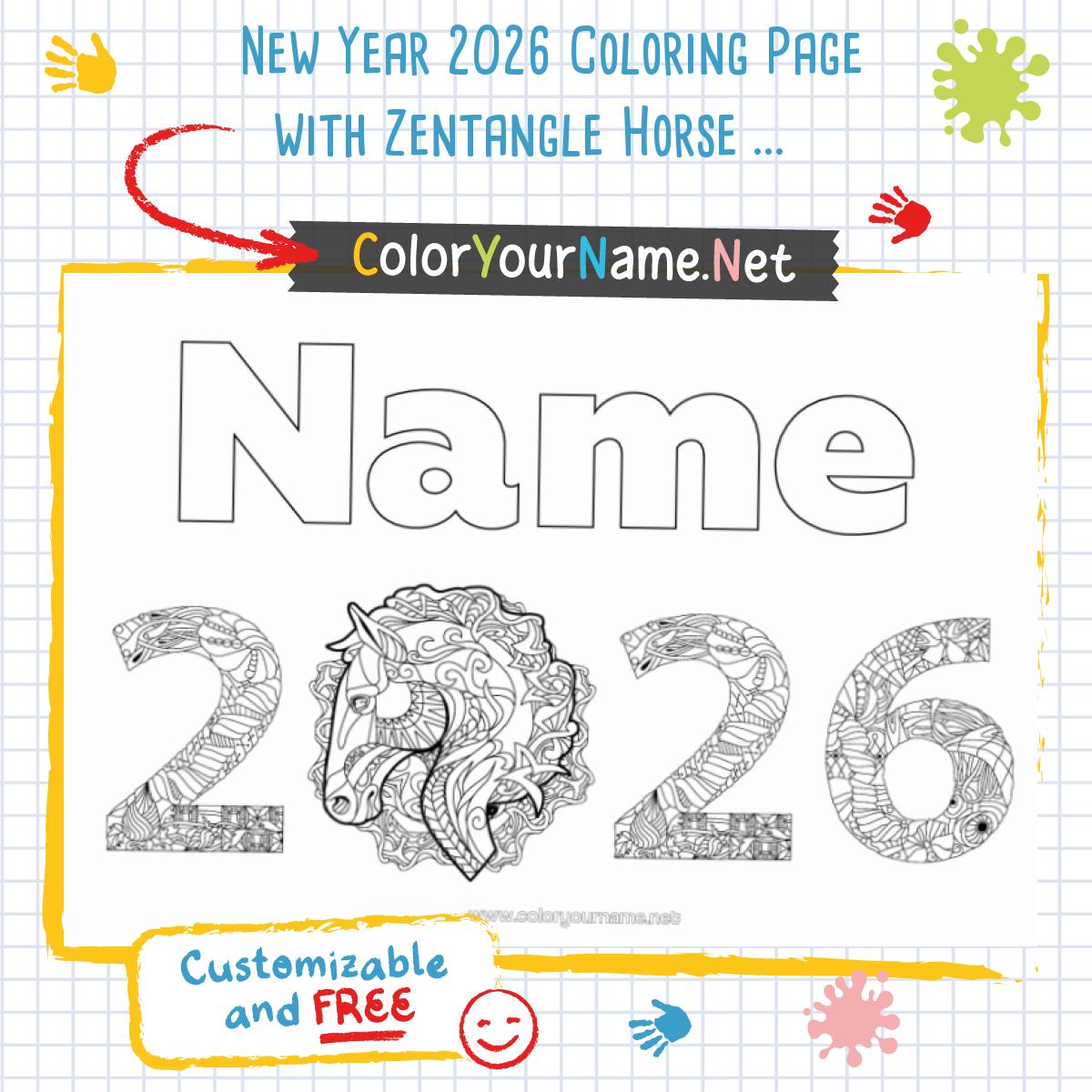 New Year 2026 Coloring Page with Zentangle Horse and Personalized Name