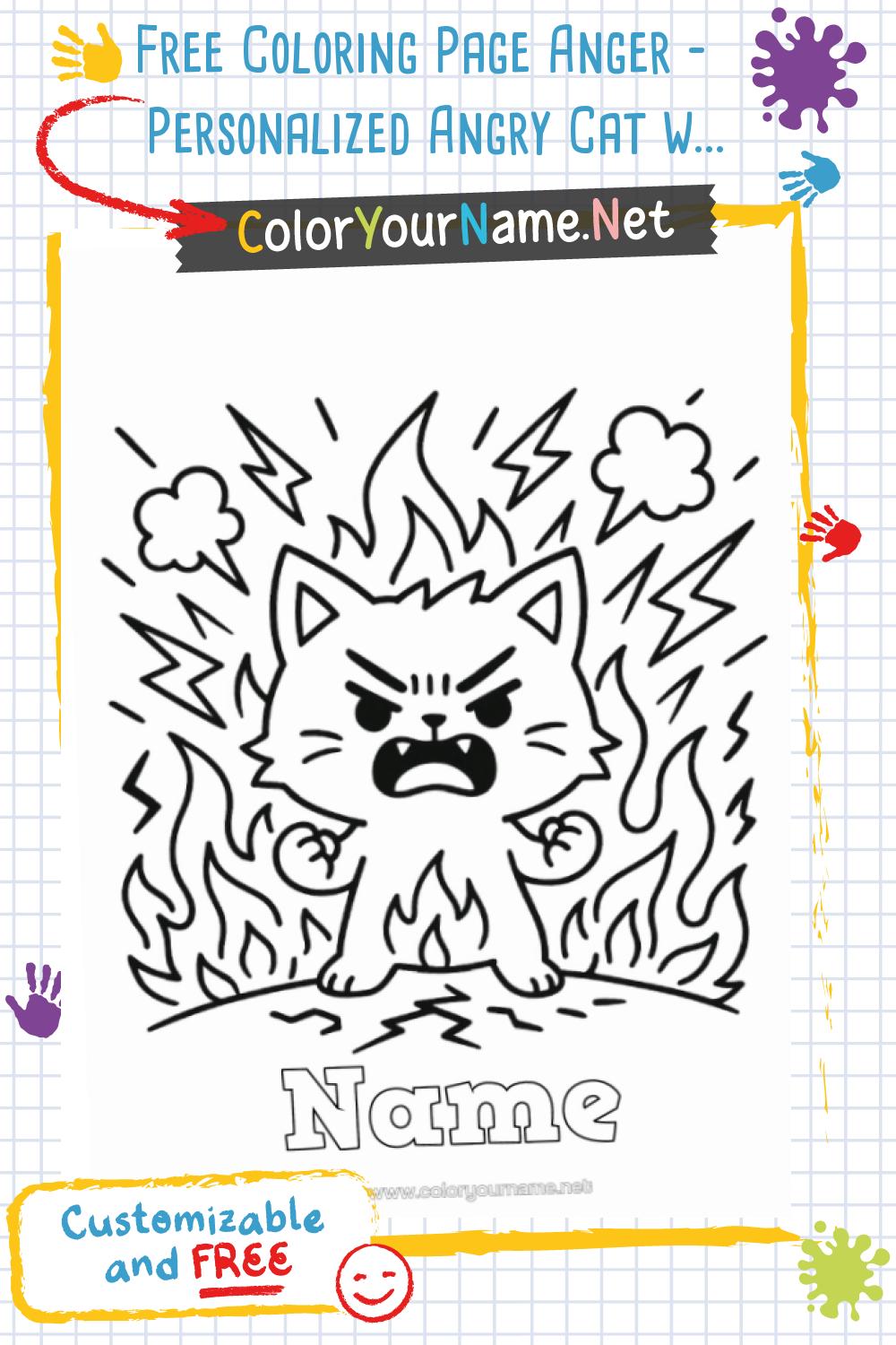 Free Coloring Page Anger – Personalized Angry Cat with Name