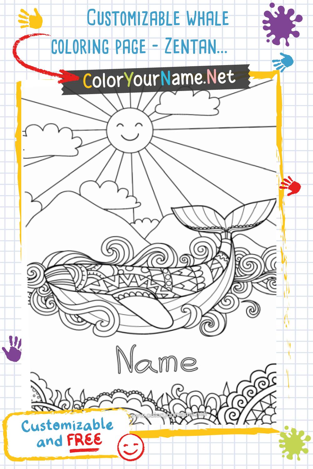 Customizable whale coloring page – Zentangle marine landscape