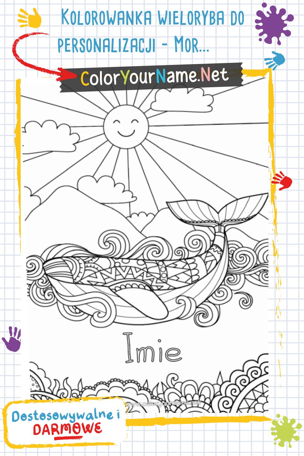 Kolorowanka wieloryba do personalizacji – Morski krajobraz z zentangle