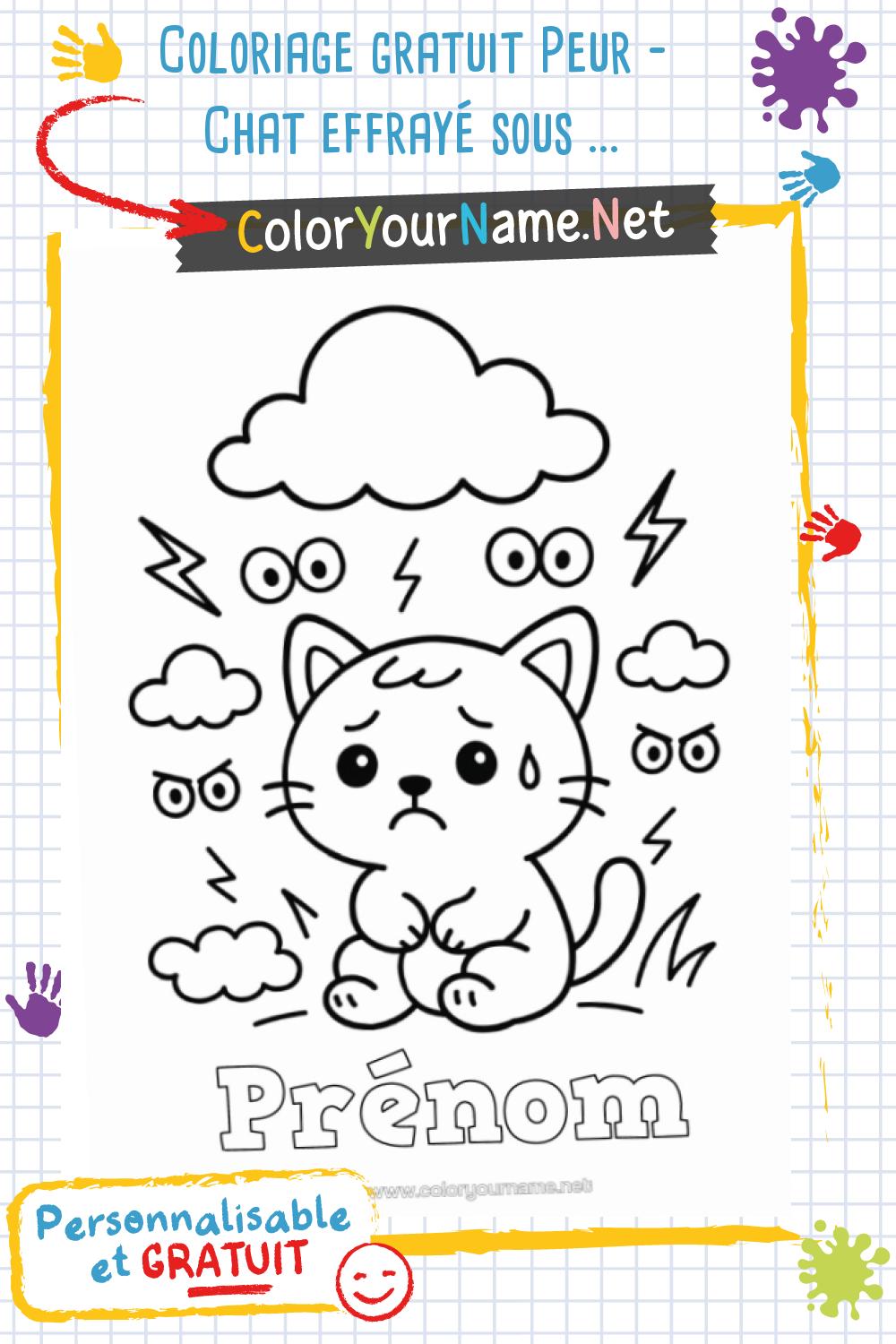 Coloriage gratuit Peur – Chat effrayé sous les nuages et éclairs
