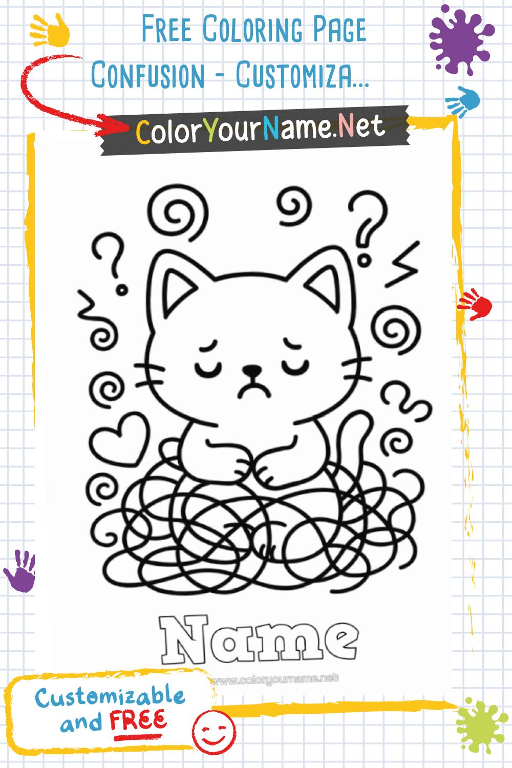 Free Coloring Page Confusion – Customizable Perplexed Cat with Name