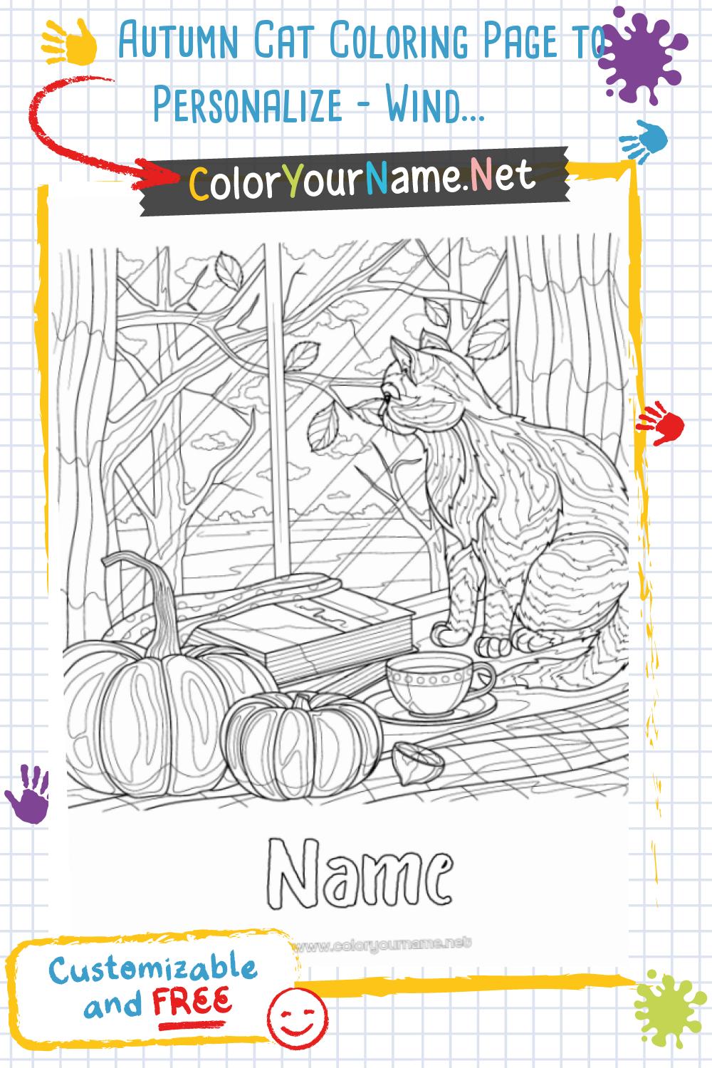 Autumn Cat Coloring Page to Personalize – Window, Pumpkins, and Tea Cup