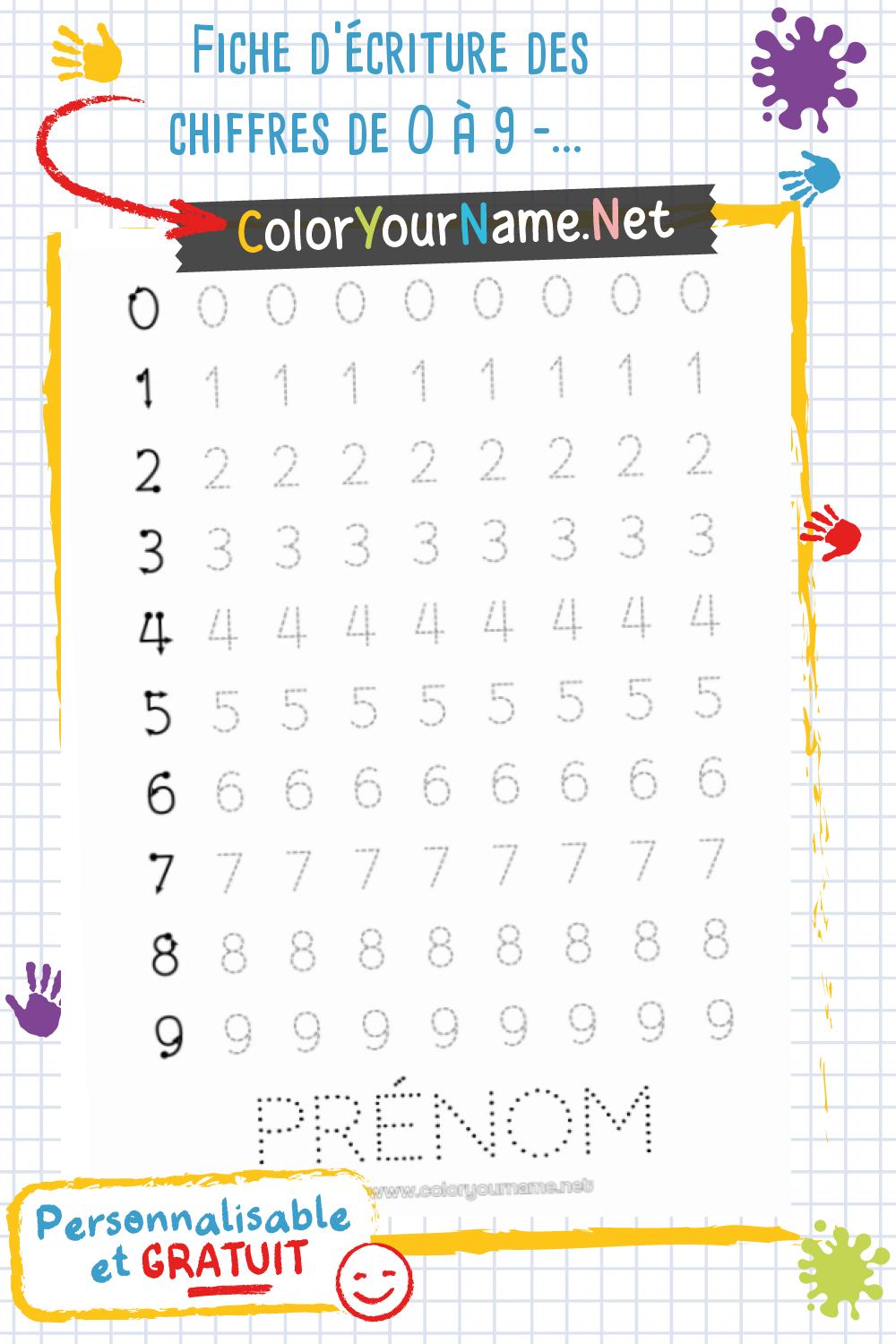 Fiche d’écriture des chiffres de 0 à 9 – À tracer et personnaliser