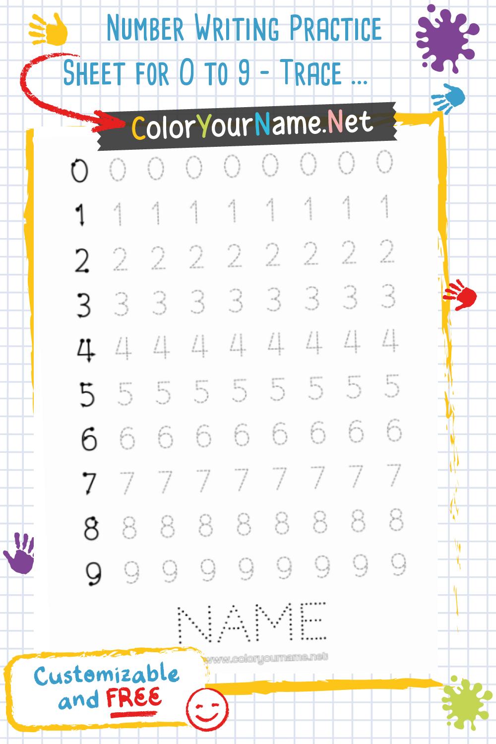 Number Writing Practice Sheet for 0 to 9 – Trace and Personalize